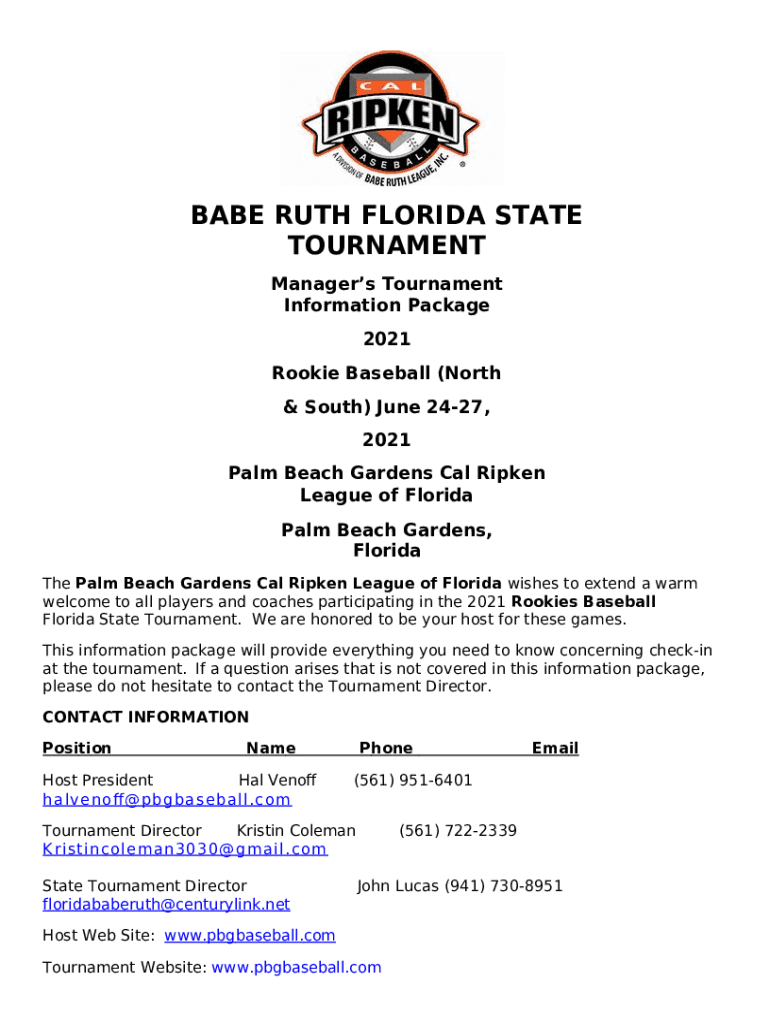CAL RIPKEN or BABE RUTH FLORIDA STATE TOURNAMENT Doc Template | pdfFiller