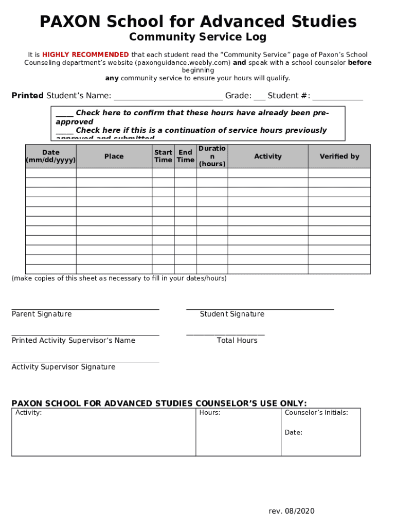 PAXON School for Advanced Studies Community Service Log Doc Template ...
