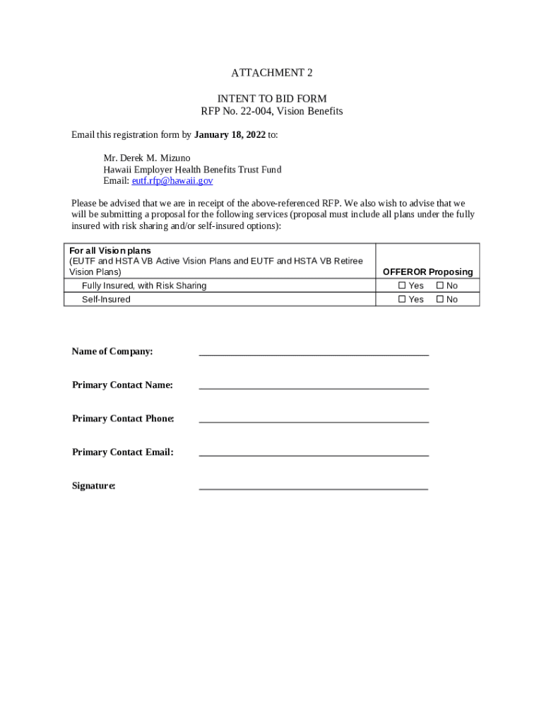 RFP No 22-004 Intent to Bid - eutf hawaii Doc Template | pdfFiller