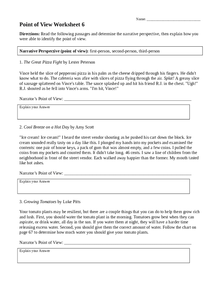 Narrator's Point of View Worksheets Doc Template | pdfFiller