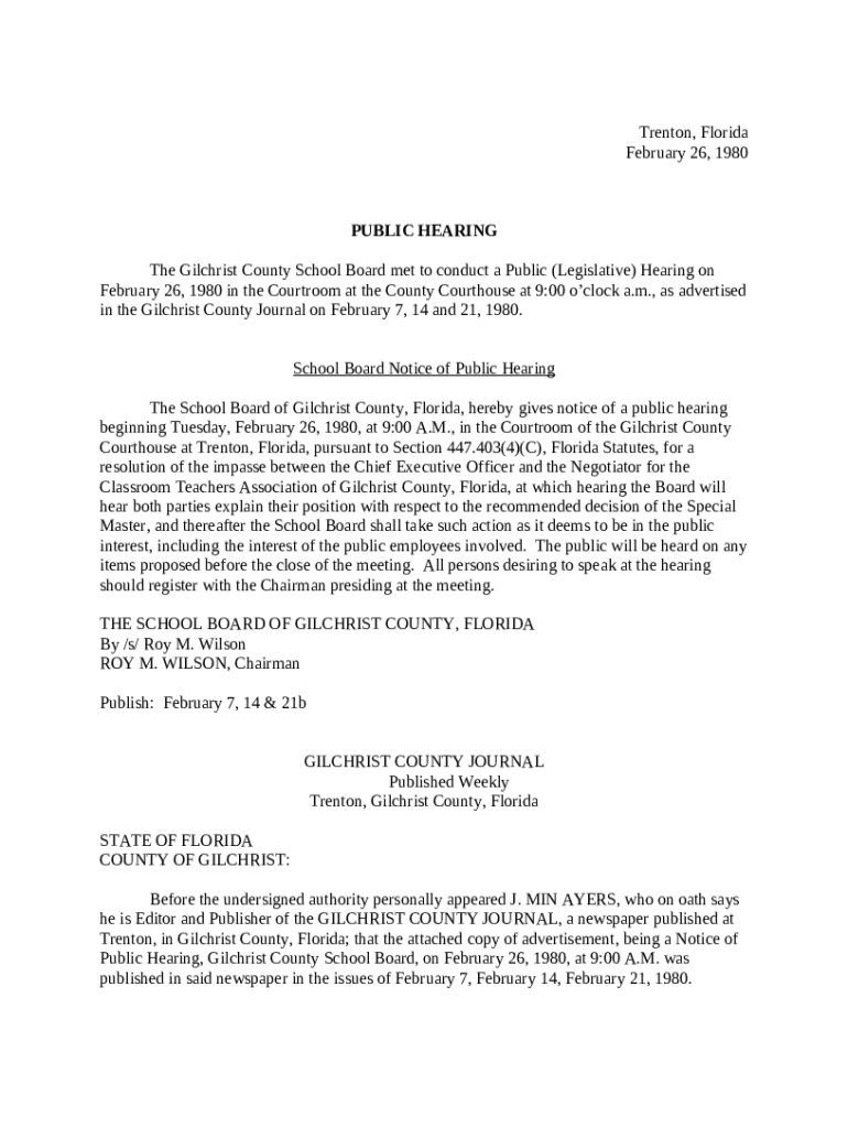 The Gilchrist County School Board met to conduct a Public (Legislative ...