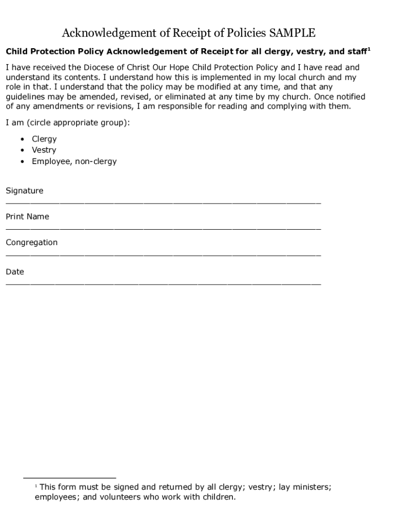Fillable Online Acknowledgement of Receipt of Policies SAMPLE Fax Email ...