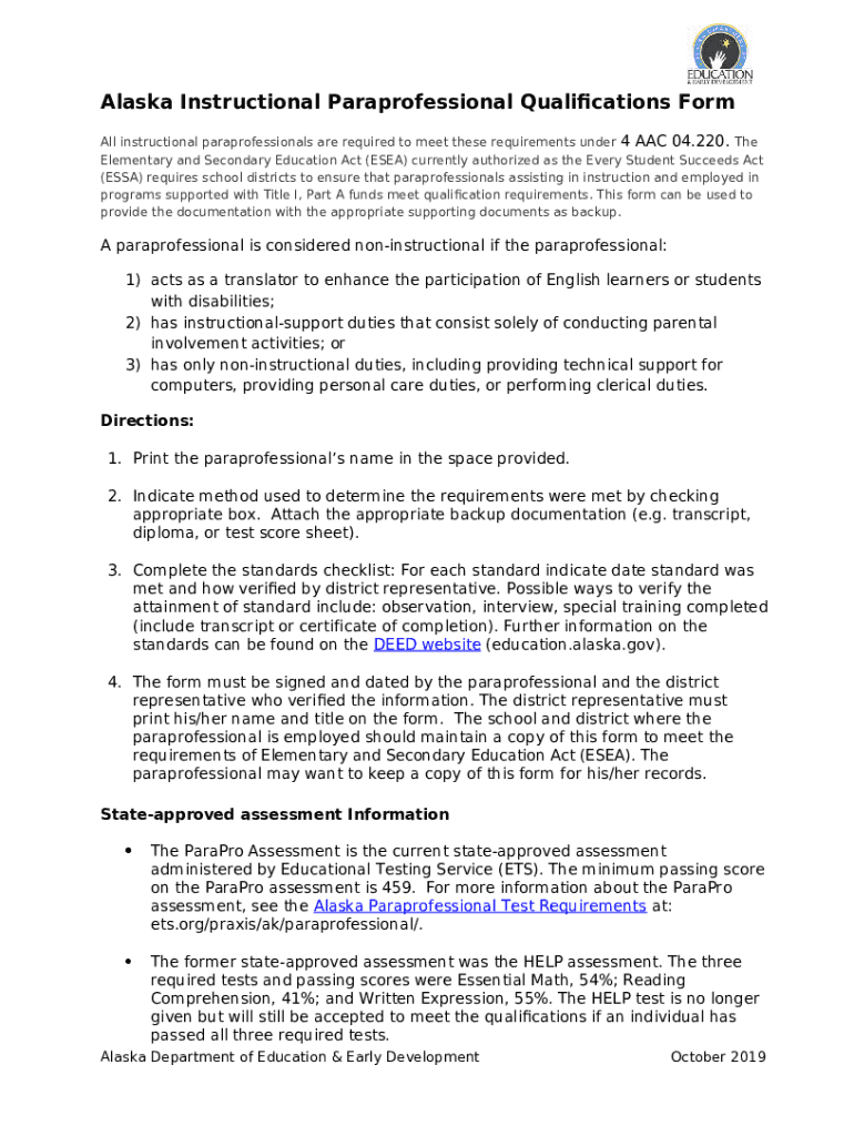 Alaska Instructional Paraprofessional Qualifications Doc Template | pdfFiller