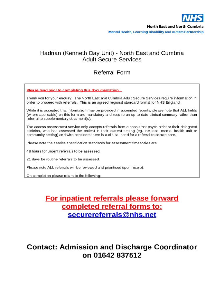 Kenneth Day Unit - Medium Secure Forensic ... Doc Template | pdfFiller