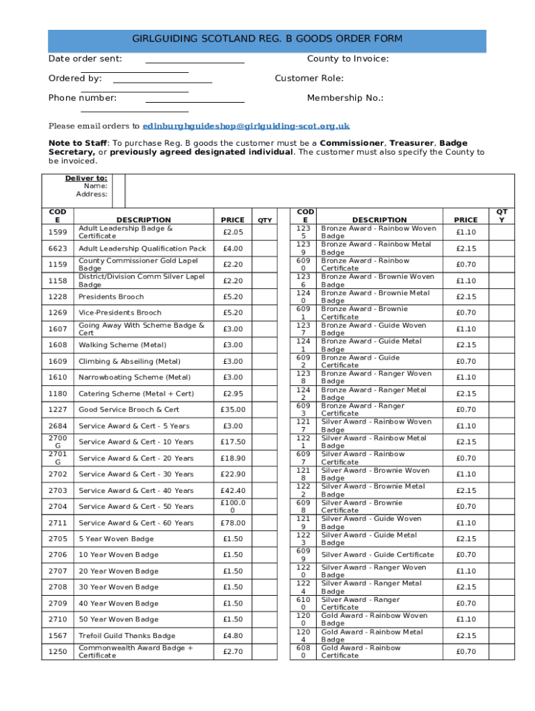 Girlguiding Scotland Reg. B Goods order Doc Template | pdfFiller