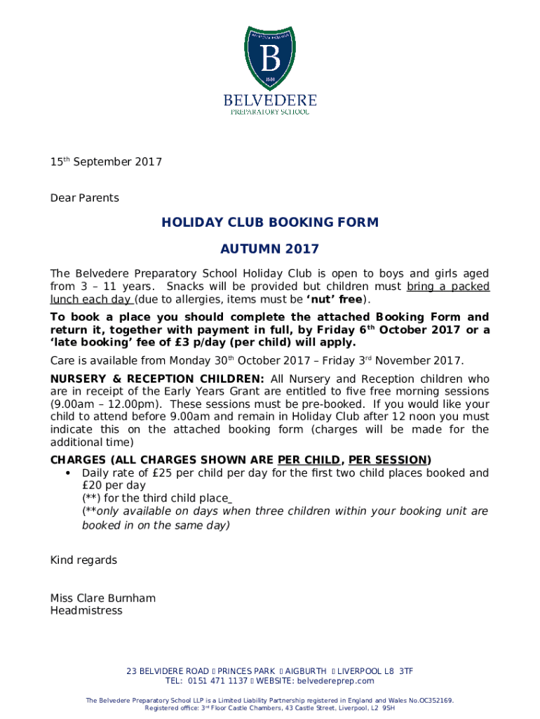holiday club booking autumn 2017 Doc Template | pdfFiller