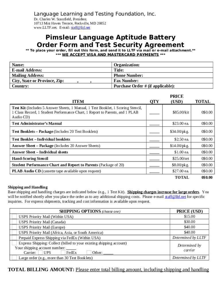 Elementary Version Order and Test Security Agreement Doc Template ...