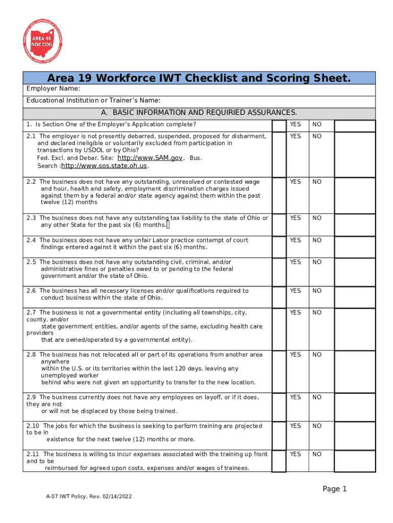 Area 19 Workforce IWT Checklist and Scoring Sheet. Doc Template | pdfFiller