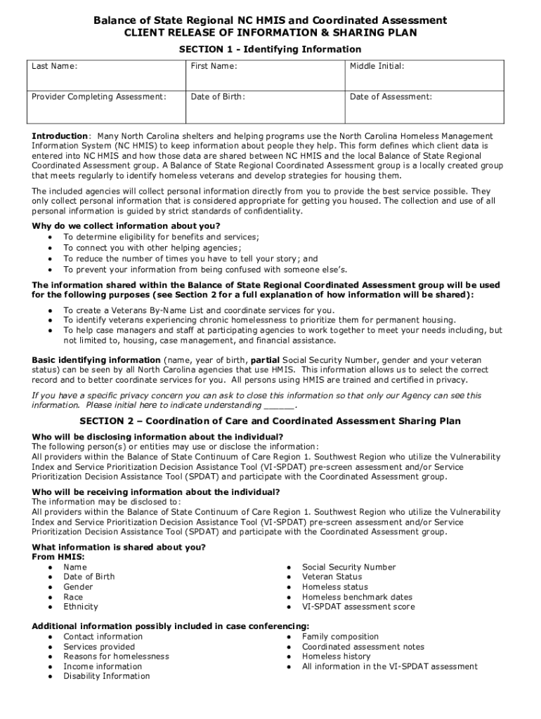 Fillable Online Balance of State Regional NC HMIS and Coordinated ...