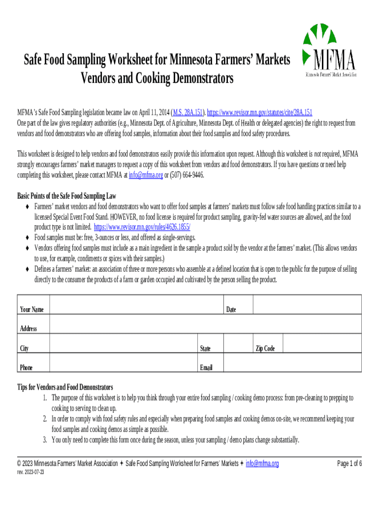 Safe Food Sampling Worksheet for Minnesota ... Doc Template | pdfFiller