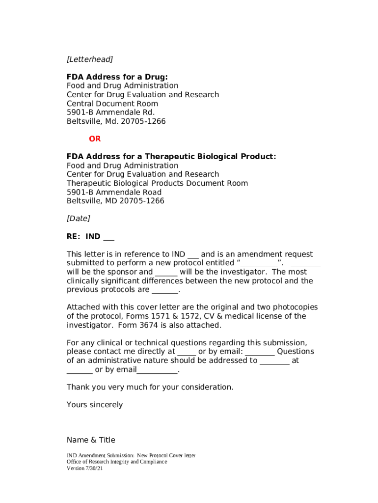IND Amendment Cover Letter Template Doc Template | pdfFiller