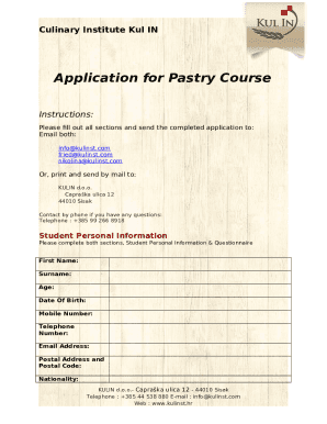 Application for Pastry Course Doc Template | pdfFiller