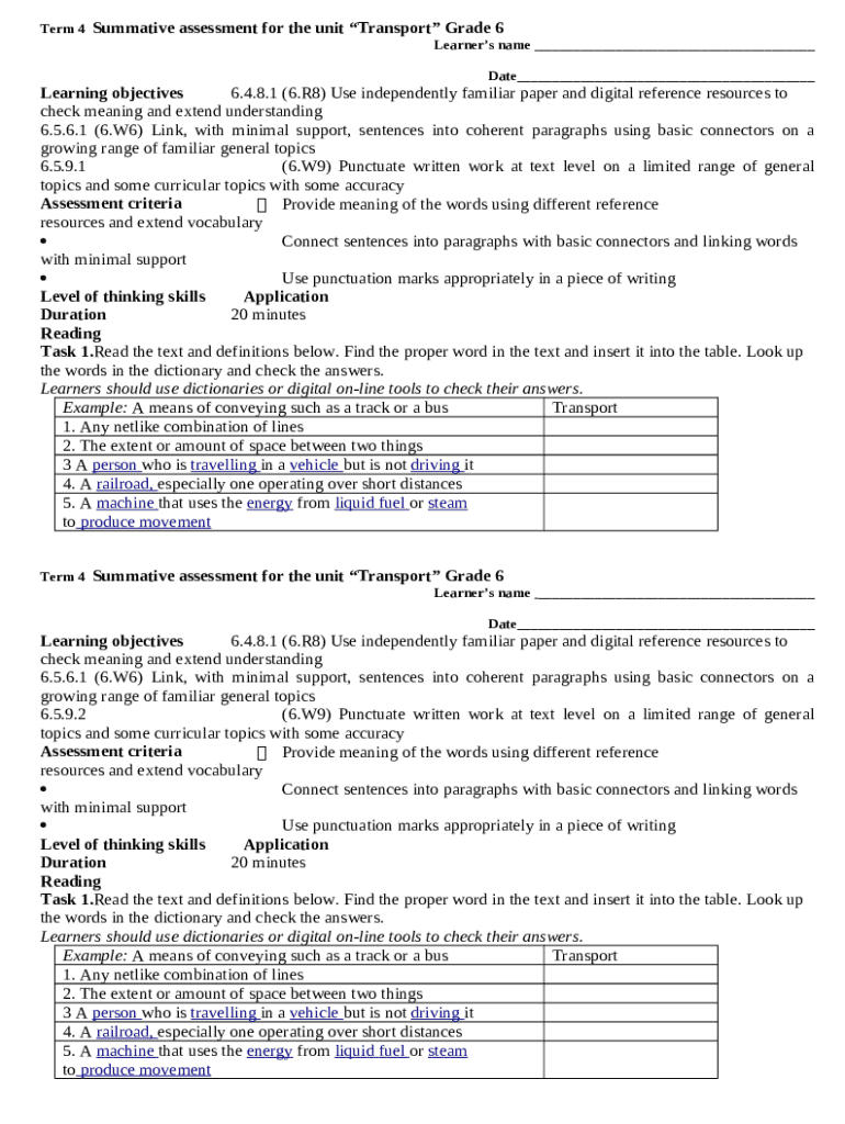 summative assessment for the unit transport Doc Template | pdfFiller