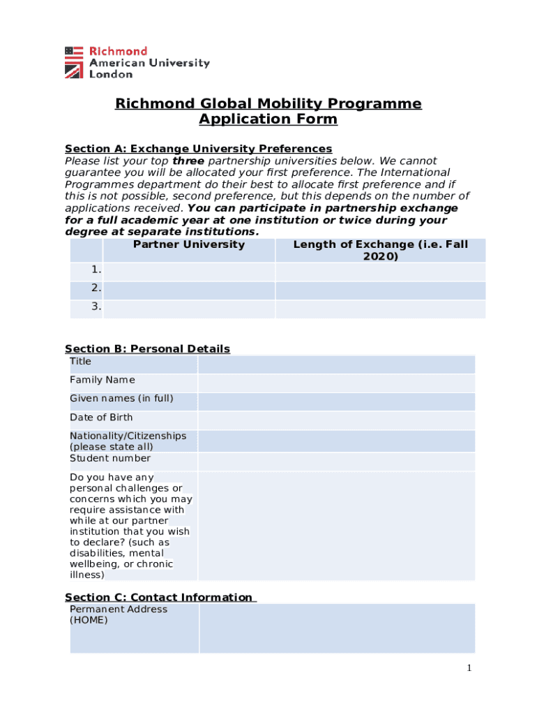 Richmond Global Mobility Programme Application Doc Template | pdfFiller