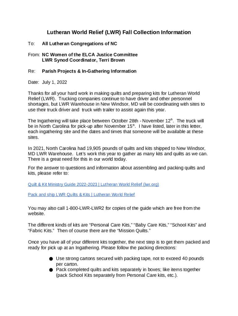 Lutheran World Relief (LWR) Fall Collection Ination - ingathering lwr Doc Template | pdfFiller