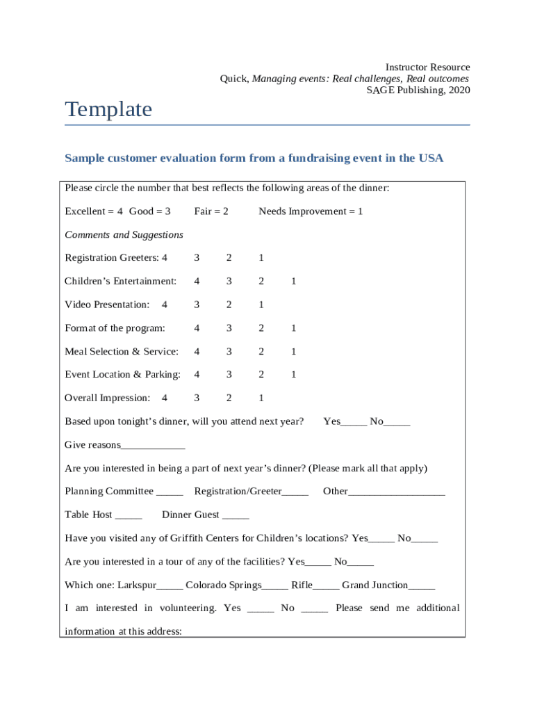 Sample customer evaluation from a fundraising event ... Doc Template ...
