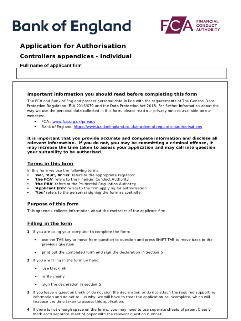 Application for Authorisation Controllers appendices Doc Template | pdfFiller