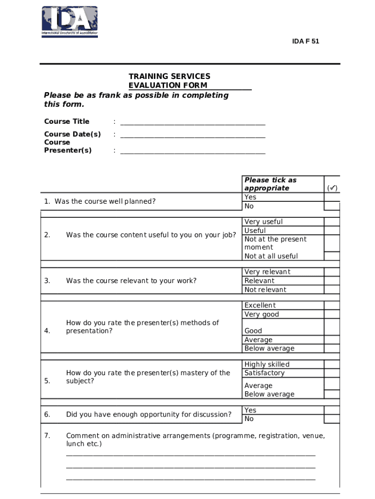Training Services Evaluation - IDA Doc Template | pdfFiller