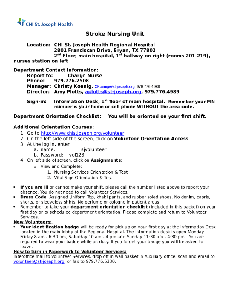 Volunteer Daily Checklist Stroke Unit - St. Joseph Health Doc Template ...