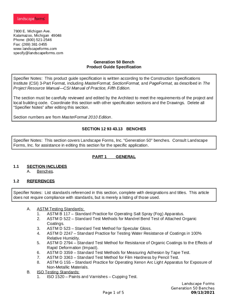 Generation 50 Bench. Guide Specification Doc Template | pdfFiller