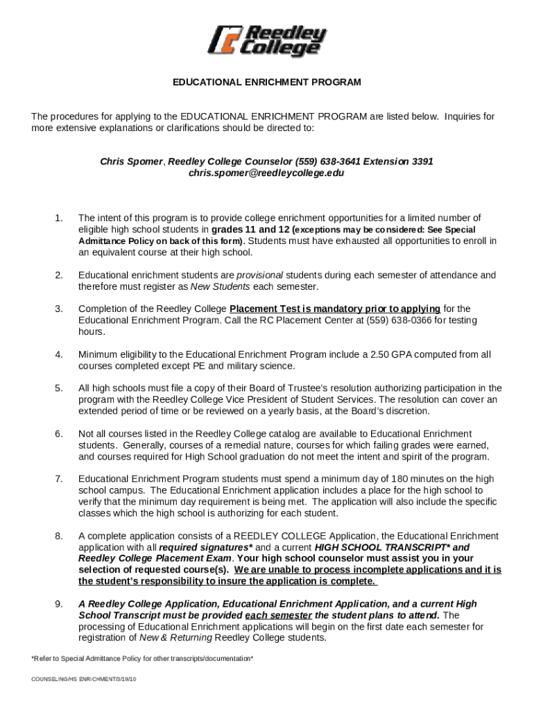 High School Enrichment Application Doc Template | pdfFiller