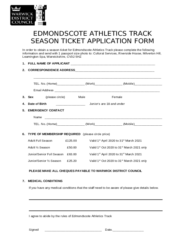Edmondscote Athletics Track Season Ticket Application Doc Template | pdfFiller