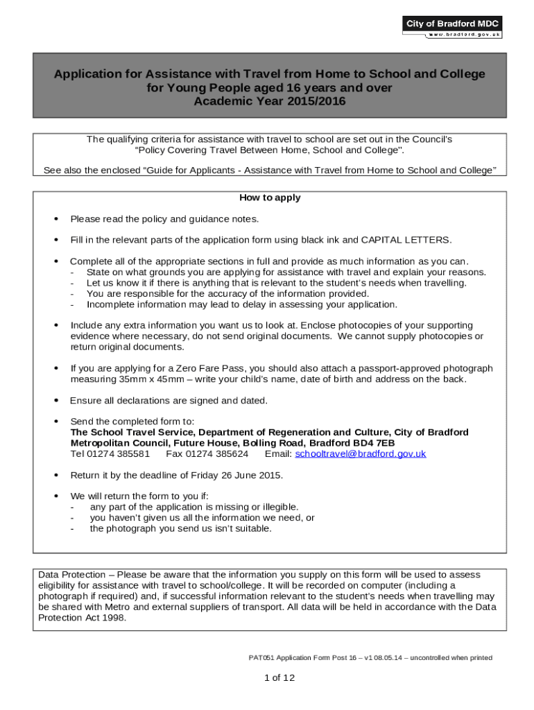 Application for Assistance with Travel from Home to School ... - bso bradford gov Doc Template ...