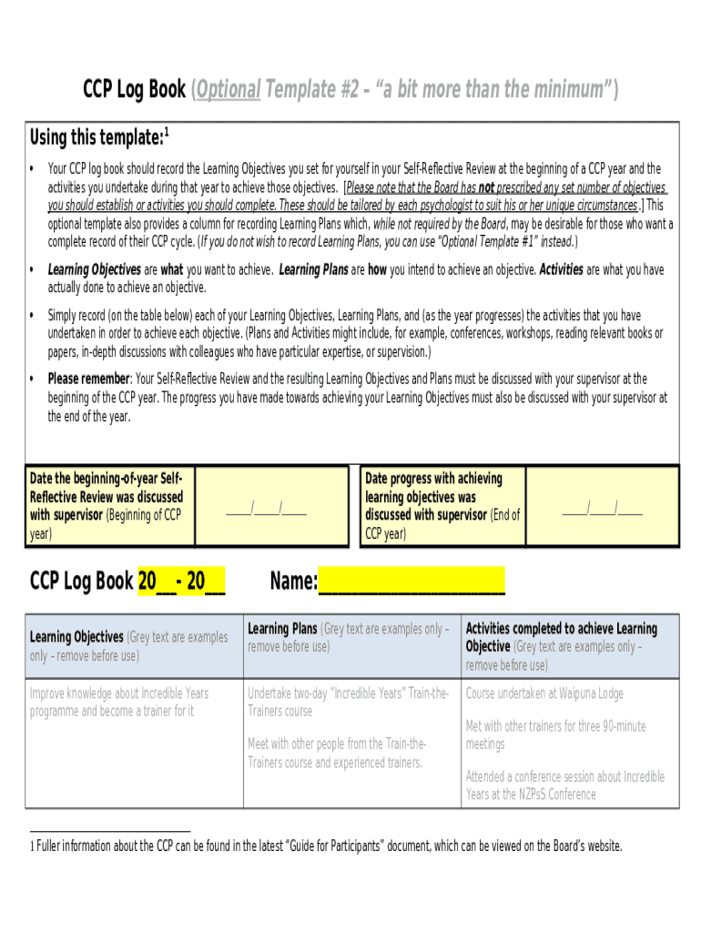 Online CCP Log Book (Optional Template #1 the ... Doc Template | pdfFiller