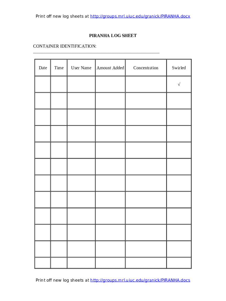 Piranha log sheet - groups mrl uiuc Doc Template | pdfFiller