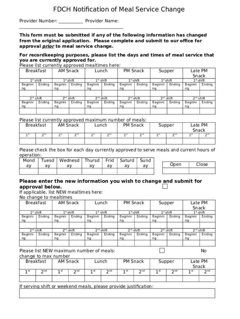 FDCH meal time change Doc Template | pdfFiller