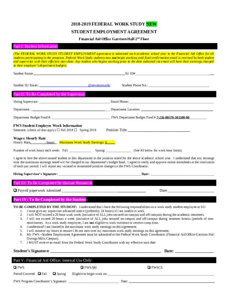 FWS NEW Student Employment Agreement Doc Template | pdfFiller
