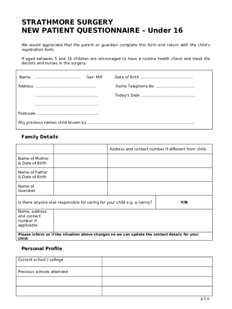 New Patient Registration Under 16 Years Old Doc Template | pdfFiller