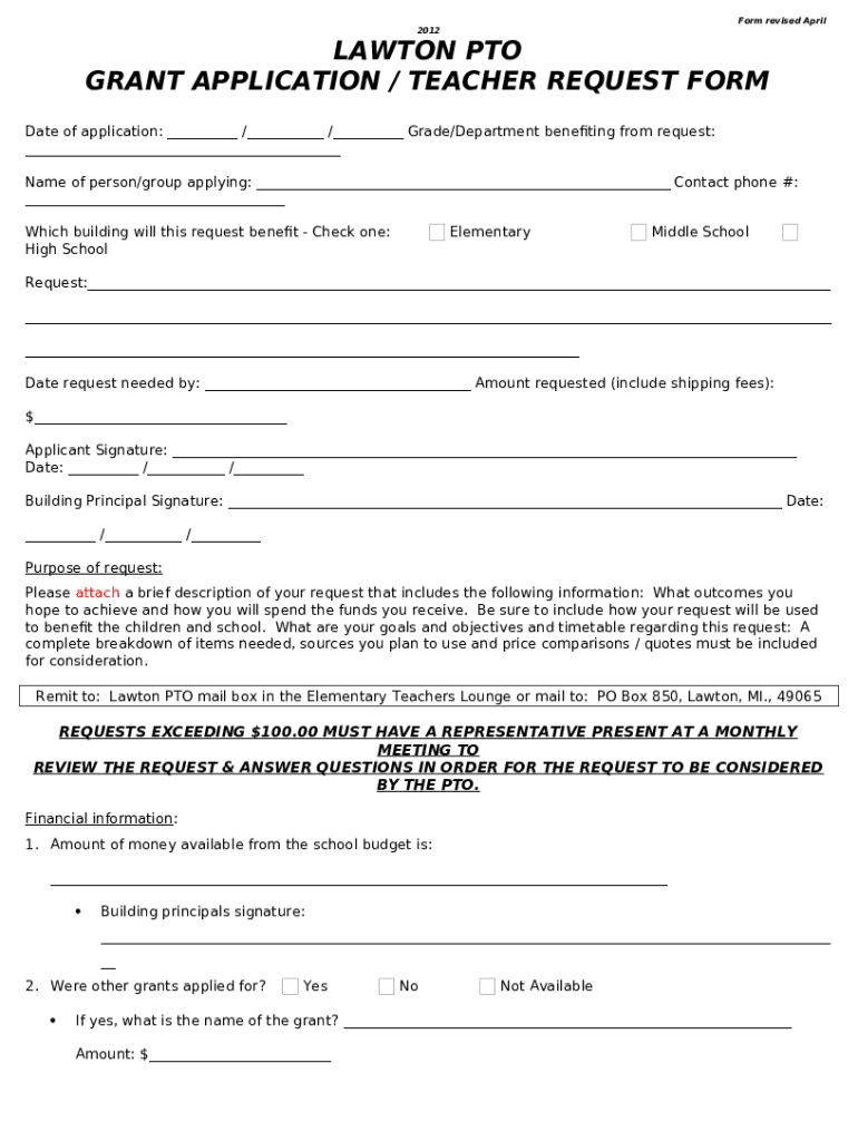 lawton pto grant application / teacher request Doc Template | pdfFiller