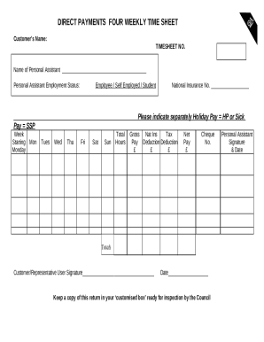 direct payments four weekly time sheet Doc Template | pdfFiller