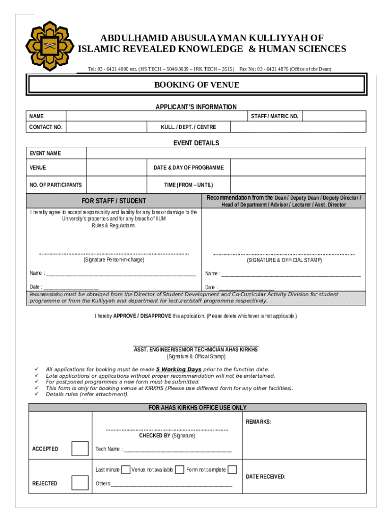 Booking of Venue Doc Template | pdfFiller