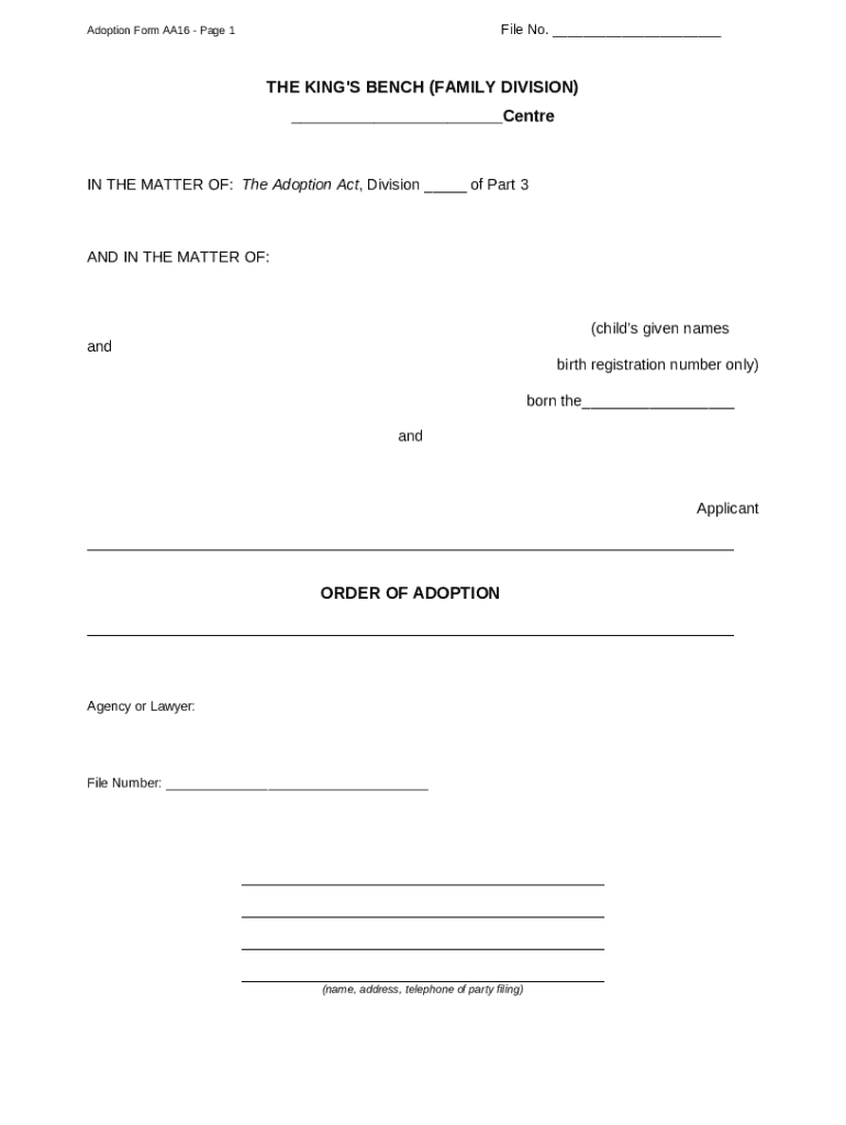 Court of King's Bench (Family Division) Adoption s Doc Template | pdfFiller