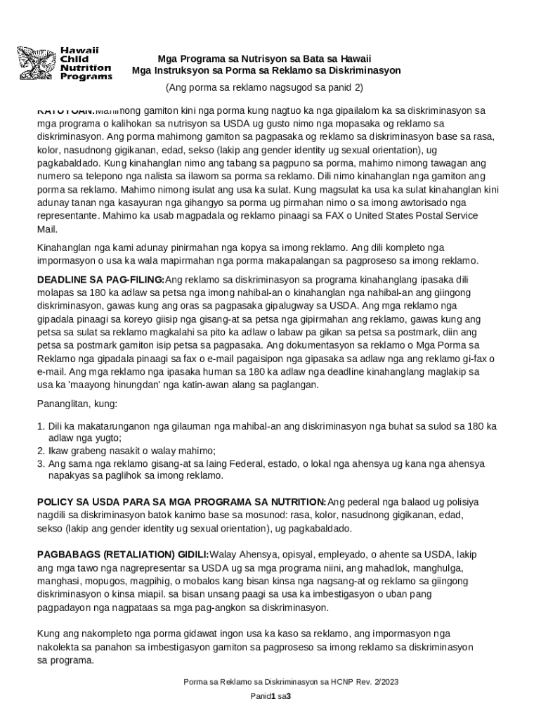 Mga Programa sa Nutrisyon sa Bata sa Hawaii Doc Template | pdfFiller