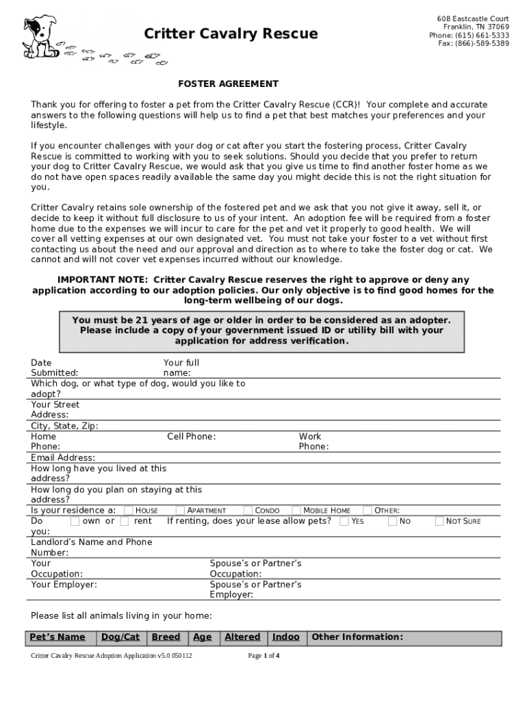 Critter Cavalry Adoption Request Application Doc Template | pdfFiller