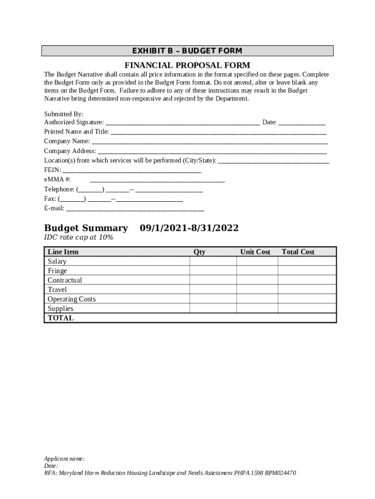 Exhibits B and C template (budget narrative) PHPA 1598 Doc Template | pdfFiller