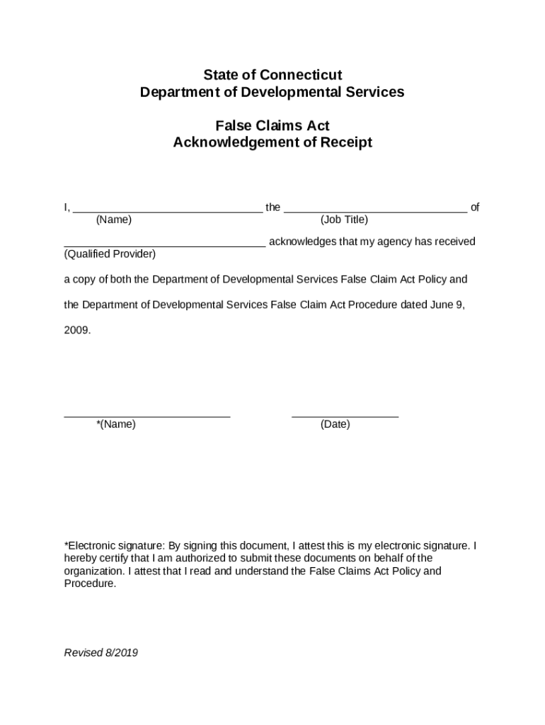 False Claims Act Acknowledgement of Receipt Doc Template | pdfFiller