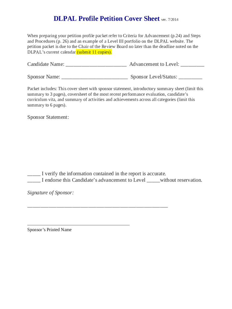 DLPAL Profile Petition Cover Sheet Doc Template | pdfFiller