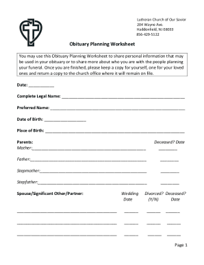 Fillable Online Funeral Obituary Planning Worksheet.docx Fax Email ...