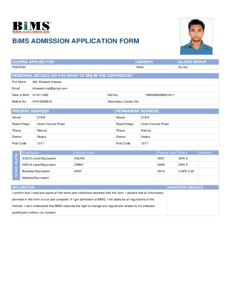 Fillable Online Student Admission Form - BiMS. TCPDF Tutorial Fax Email ...