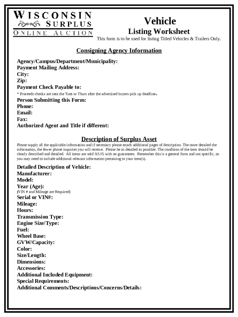 Vehicle Listing Worksheet Doc Template | pdfFiller