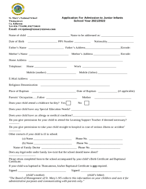Junior Infants Admission Doc Template | pdfFiller