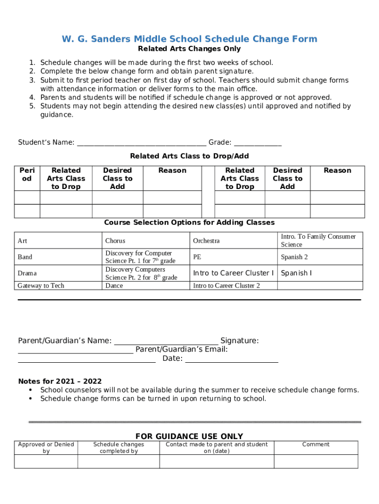W. G. Sanders Middle School Schedule Change Doc Template | pdfFiller