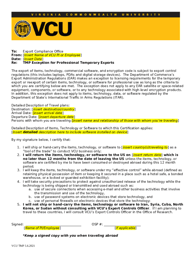 Export Control License Exception (TMP) Certification - research vcu Doc Template | pdfFiller