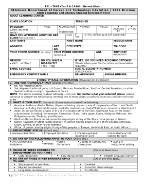 AEFL ESL Intake TABE Class E & CASAS Life and Work Doc Template | pdfFiller