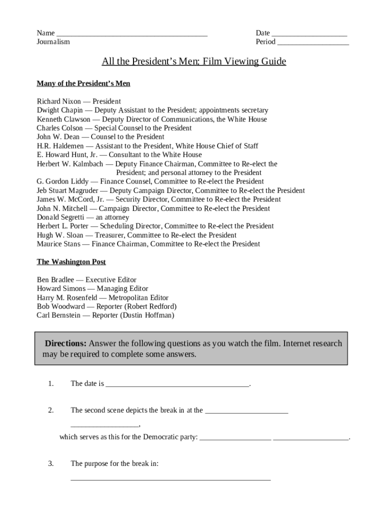 All the President's Men Character List Flashcards Doc Template | pdfFiller