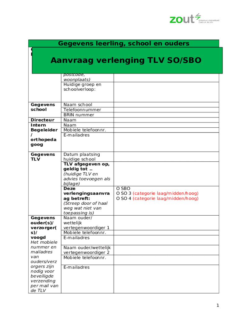 Aanvraag verlenging TLV SO/SBO Gegevens leerling, ... Doc Template ...